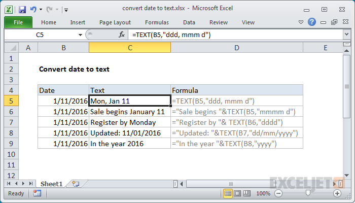 Excel Formula Convert Date To Text Exceljet